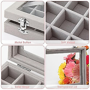 Fixwal Earring Jewelry Box 24 Grid Velvet Jewelry Tray for Drawers Glass Clear Lid Showcase Display Storage Ring Trays Earring Holder Organizer Case(Grey)
