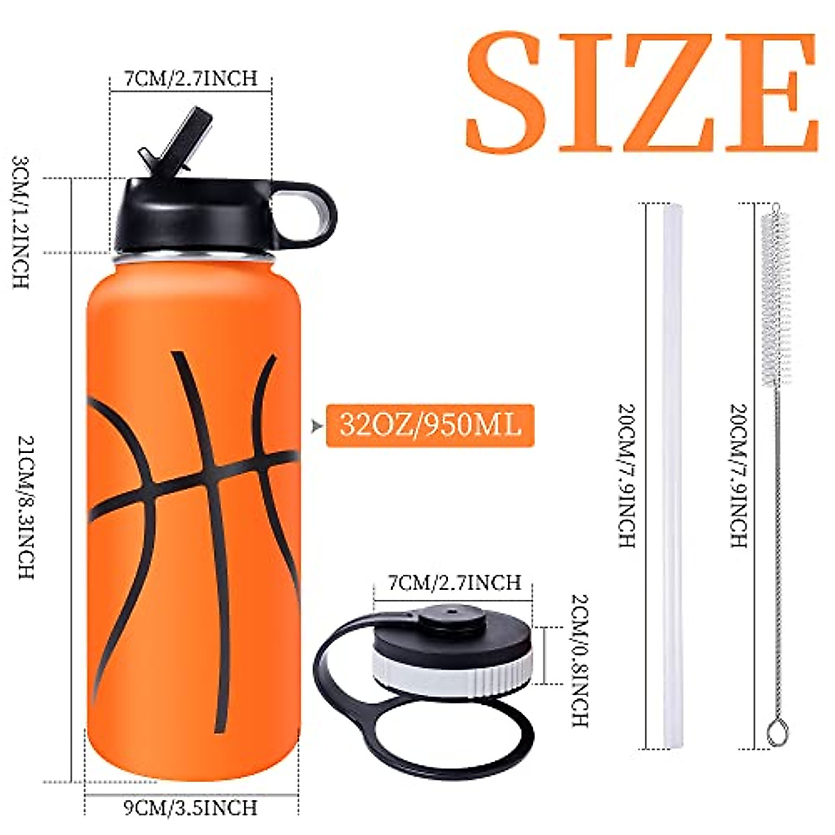 LaiChary 32oz Wide Mouth Basketball Water Bottle with Two Lids(Straw, Handle Lid), 18/8 Stainless Steel Vacuum Insulated for Travel & Sport Cup. (Basketball Brown, 32oz)