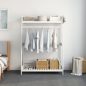 IOTXY Open Wood Garment Rack - White Solid Wood Freestanding Clothing Rack with Storage Shelves and Rod for Hanging Clothes, Large Wide Open Shelving Wardrobe and Closet Organizer for Bedroom, 39.4"W
