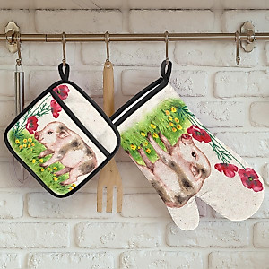Cute Animal Pig Flower Oven Mitts and Pot Holders Sets of 2 Heat Resistant Non-Slip Kitchen Gloves Hot Pads with Inner Cotton Layer for Cooking BBQ Baking Grilling