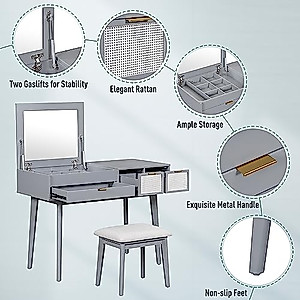 Lifeand 43.3" Classic Wood Makeup Vanity Set with Flip-top Mirror and Stool, Dressing Table with Three Drawers and Storage Space,Gray