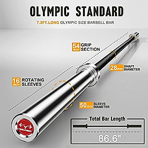 Olympic Barbell Bar 7ft-44LB 1000LB/1500LB/700LB Capacity Olympic Bearing Barbell (700LB-Black)
