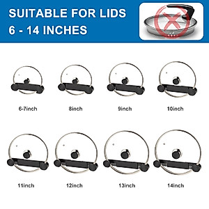 YONGAIJIA 4 Pack Adjustable Pot Lid holder，Pan Cover Organizer Fits 6" to 14" lid, Adhesive Wall Mount Pots Lid Storage for Kitchen Cupboard 、Cabinet Door (Black)