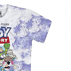 Mens Toy Story Group Shirt - Woody, Buzz Lightyear, Rex & Pizza Planet - Throwback Classic Tie Dye T-Shirt (Lavender Wash, X-Large)