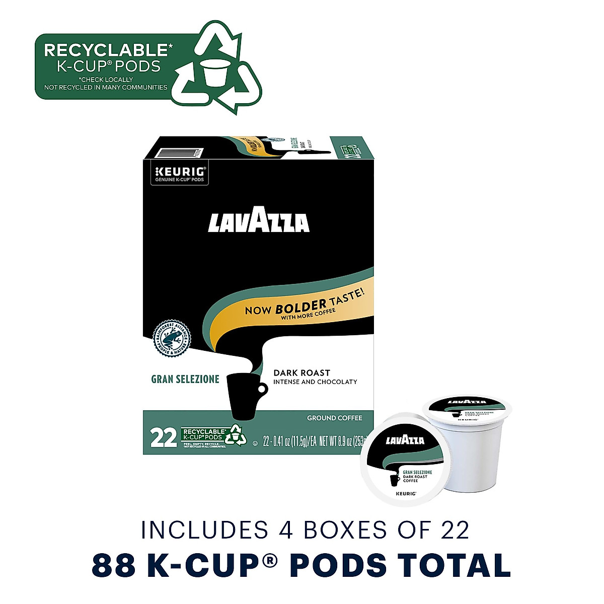 Lavazza Gran Selezione Single-Serve Coffee K-Cups for Keurig Brewer, Dark Roast, 88 capsules Value Pack, 100% Arabica