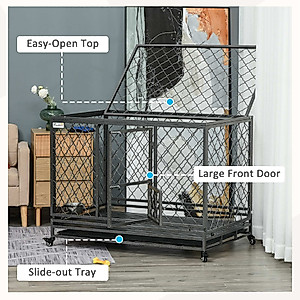 PawHut Heavy Duty Dog Crate Metal Kennel and Cage Dog Playpen with Lockable Wheels, Slide-Out Tray, Food Bowl and Double Doors, 49"