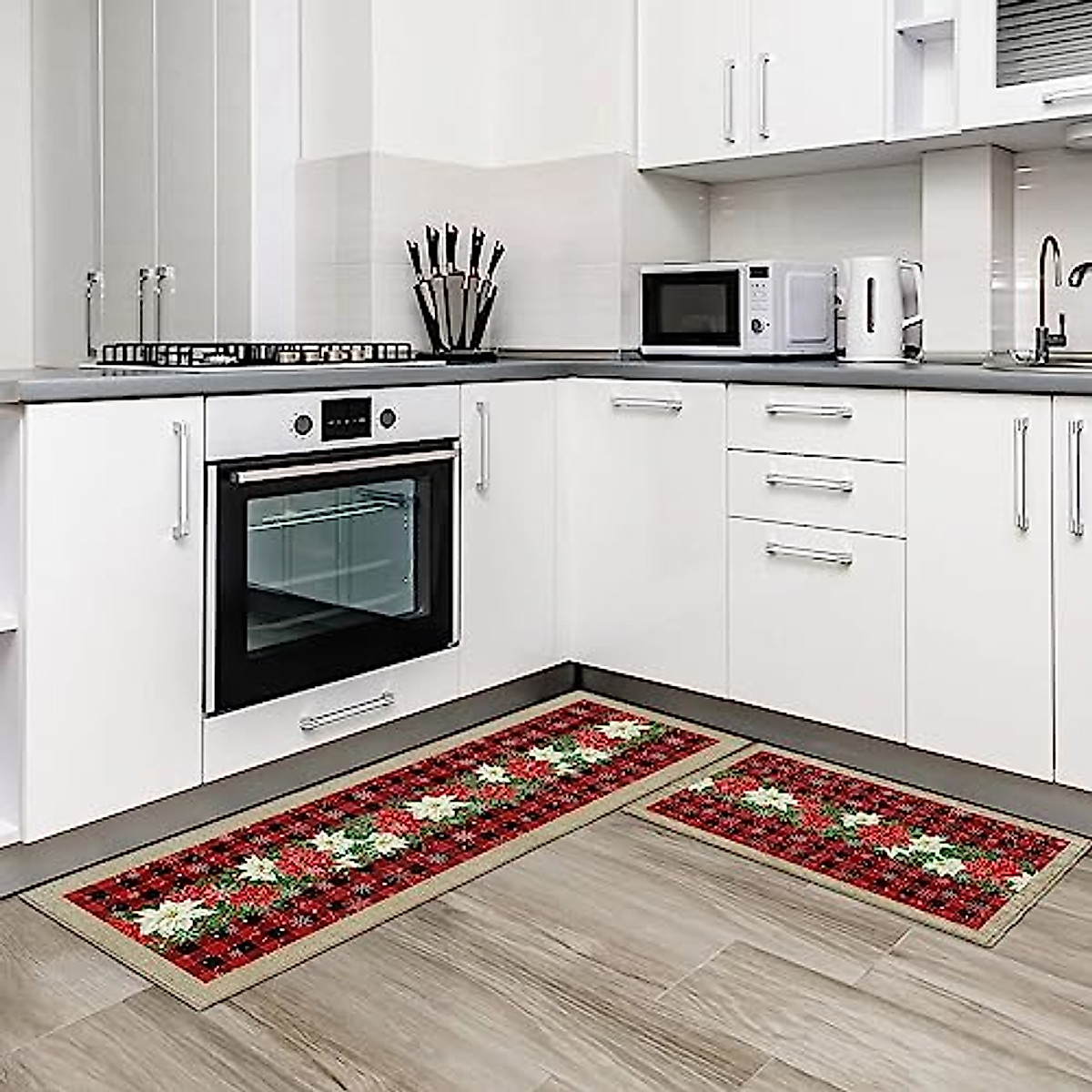 Poinsettia Flower Kitchen Mats Anti Fatigue 2 Piece, Kitchen Mats for Floor, Comfort Mat for Kitchen Floor, Non Skid Mats for Kitchen,Office,Sink,Oven,Laundry, Christmas Farmhouse Red Black Check