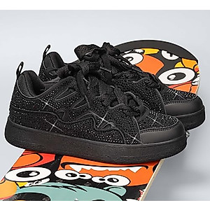 LUCKY STEP Women's Sparkle Rhinestone Fashion Sneakers Walking Tennis Bling Glitter Roaring Shoes Platform Lace up Casual Mesh Sneaker(Black Rhinestone,8.5)