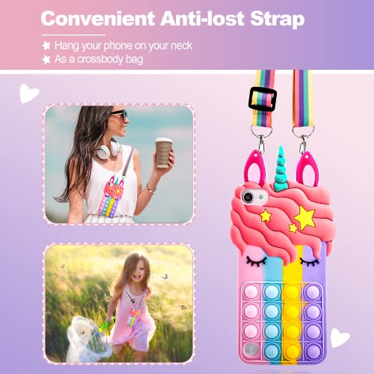 iPod Touch 7 Case, Kakotomy Kawaii Stress Relief Fidget Toy 3D Phone Cases with Strap for Girls Kids Teen, Cute Unicorn Pop it Bubble Silicone Case Protective for Apple iPod Touch 5/6/7th Generation