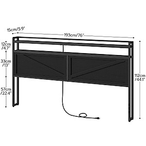 HOOBRO King Size Headboard, Headboard with Charging Station and LED Light Strip, 2-Tier Storage Headboard with Outlets and USB Ports, Industrial Style, for King Size Beds, Black
