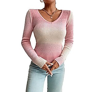 Floerns Women's Ombre Print Long Sleeve V Neck Rib Knit Pullovers Sweater Top Pink M
