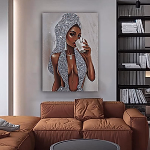 African American Black Woman Silver Glitter Textured Canvas Print Poster,Sparkly Women's Wall Decor Fashion Female Painting Canvas Prints Living Room Bedroom Bathroom Home Decor,16x24 inch,Unframed.