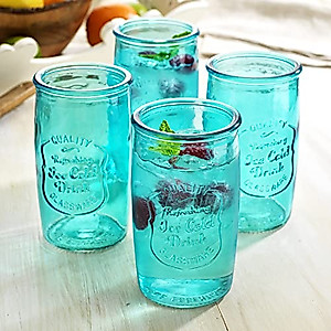 Glaver's Highball Glasses Set of 4 – 20oz Artistic Ice-Cold Pretty Blue Drinking Glasses – Vintage Glassware with Embossed Logo – Beverage Drinking Glasses for Water, Juice, Cocktails.