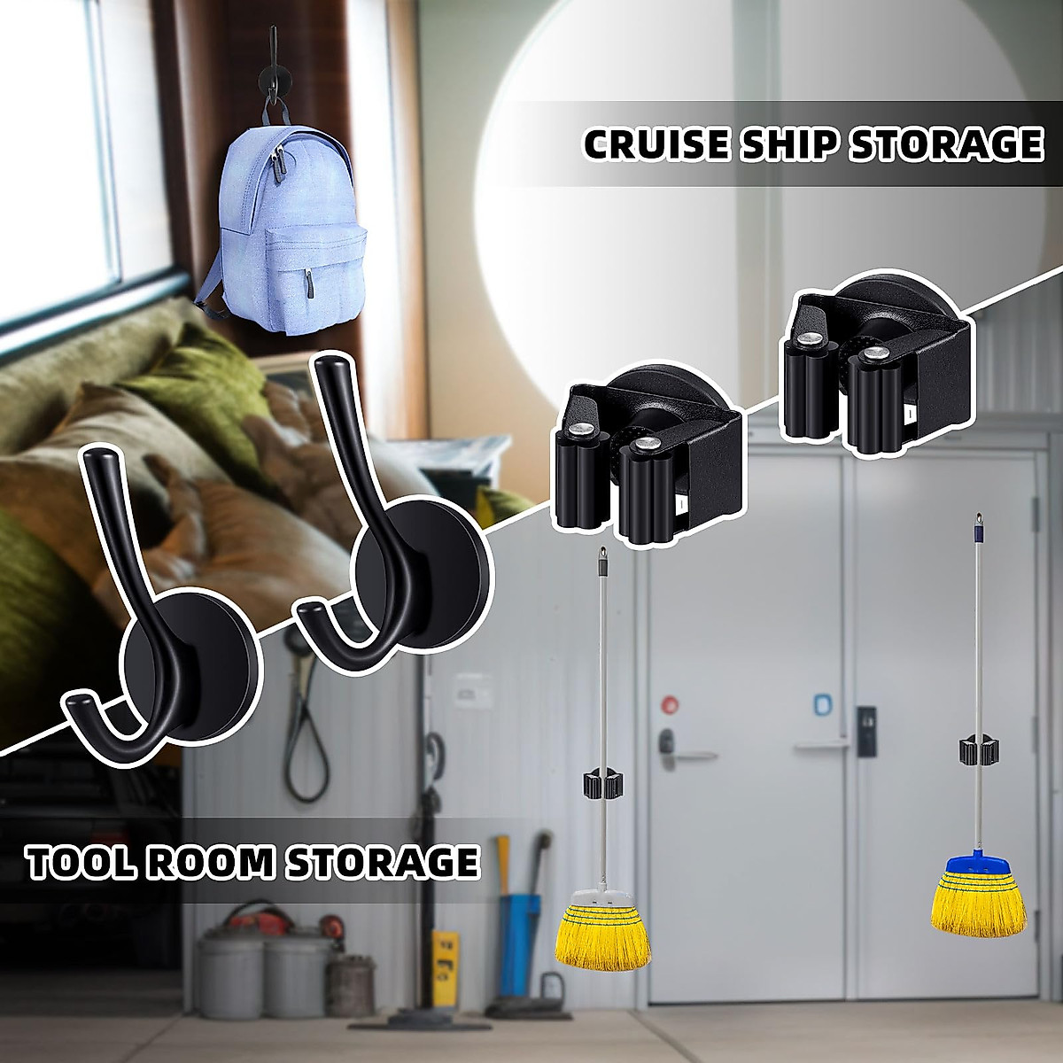 Vercraft 4 Pcs Magnetic Double Hooks Magnetic Coat Hooks Magnetic Mop Broom Holder Movable Magnetic Broom Holder Rack for Garage Kitchen Laundry Garden