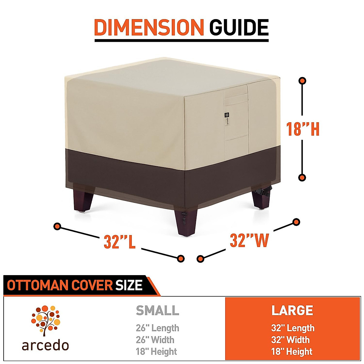 Arcedo Square Outdoor Ottoman Cover, Waterproof Coffee Table Cover, Durable Patio Side Table Cover, Patio Ottoman Cover for Outdoor Furniture, 32”L x 32”W x 18”H, Beige and Brown