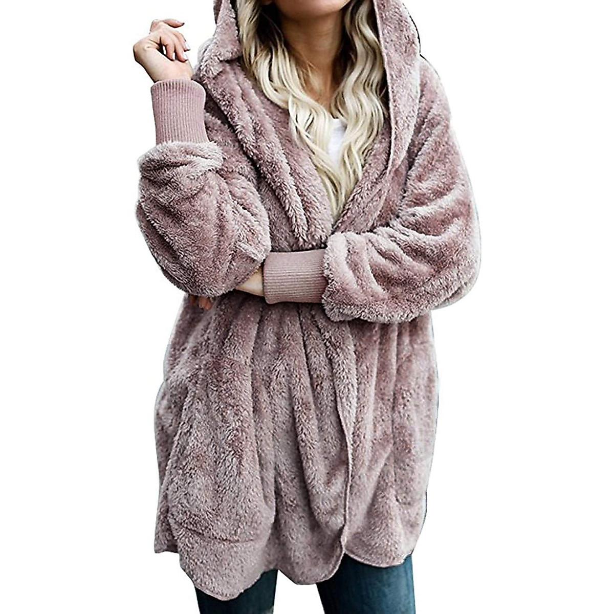 Zilcremo Women Hooded Cardigan Fuzzy Jacket Winter Open Front Fleece Coat Outwear with Pockets Purplish Brown XL