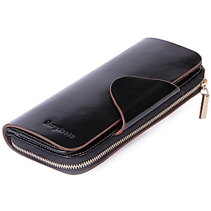 Borgasets RFID Blocking Large Capacity Wax Real Leather Clutch Wallet Card Holder Purse for Women, Black