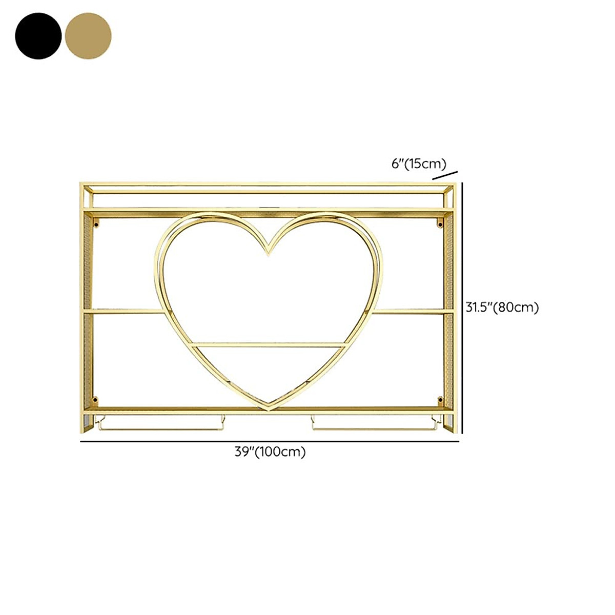 LITFAD Modern Wall Mounted Wine Rack Metal Wine Bottle & Glass Rack Iron Display Stand Wine Holder with Shelves - 1 Piece Gold Heart Shape