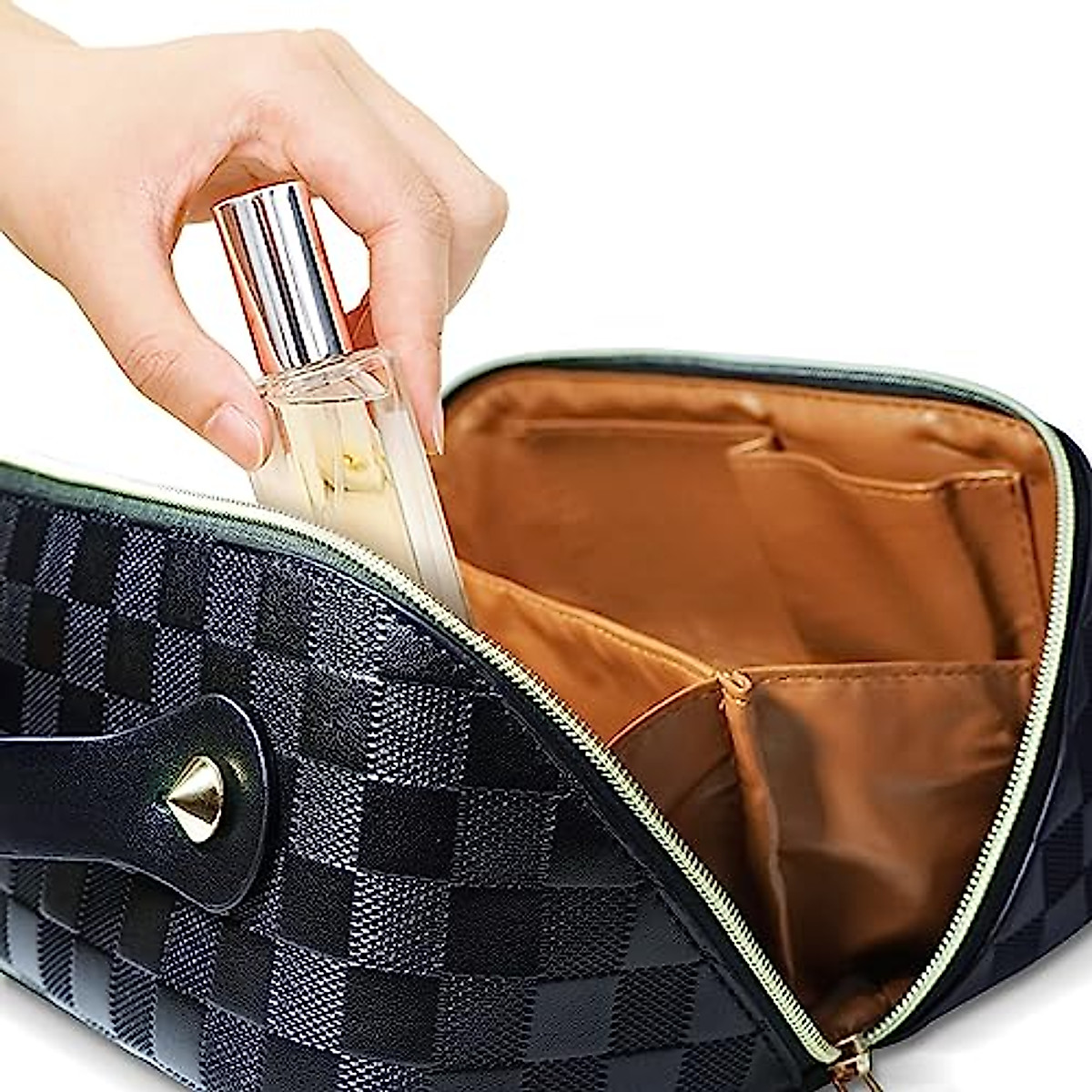 vhivhias Portable Checkered Makeup Bag Large Capacity Portable Travel Cosmetic Bag Opens Flat PU Leather Waterproof Black