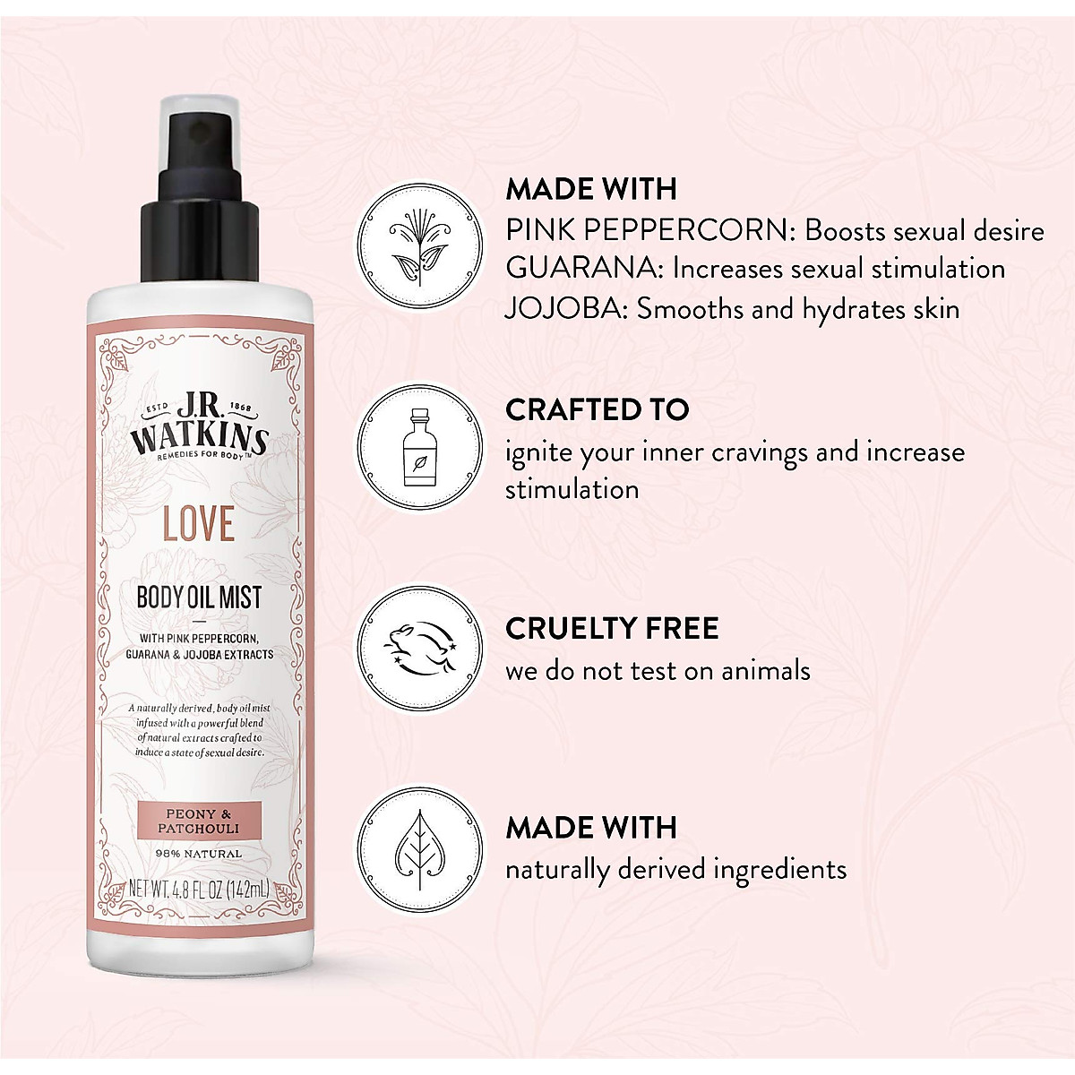 J.R. Watkins Love Body Oil Mist, Hydrates Skin and Boosts Stimulation, Natural Peony & Patchouli, 4.8 oz