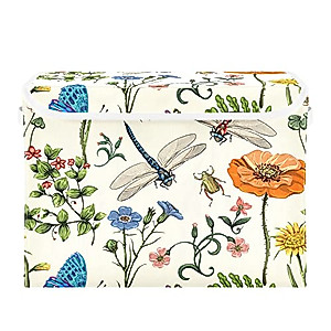 Blueangle Vintage Dragonfly and Flower Storage Bins with Lids, 16.5 x 12.6 x 11.8 in, Large Collapsible Organizer Storage Basket for Home Office Décor（25）