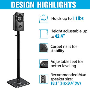 Mounting Dream Speaker Stands - Height Adjustable Speaker Stand for Vizio, Polk, JBL, Sony, Speaker Stands Pair with Wire Management (Holds up to11LBS Per Stand)