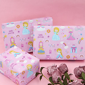 Little Princess Birthday Wrapping Paper for Girls Kids Baby Child, Lovely Pink Princess Castle Theme Gift Wrapping Paper for Birthday Baby Shower with Pink Ribbon 4 Sheets Folded Flat