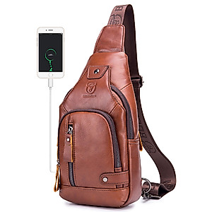 BULLCAPTAIN Mens Sling Bag Genuine Leather Chest Shoulder Bags with USB Charging Port Casual Crossbody Bag Travel Hiking Daypacks (brown)