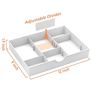 CAXXA 3 Slot Drawer Organizer with Two Adjustable Dividers - Drawer Storage 5 Compartments Junk Drawer Organizer for Office Desk Supplies and Accessories, White