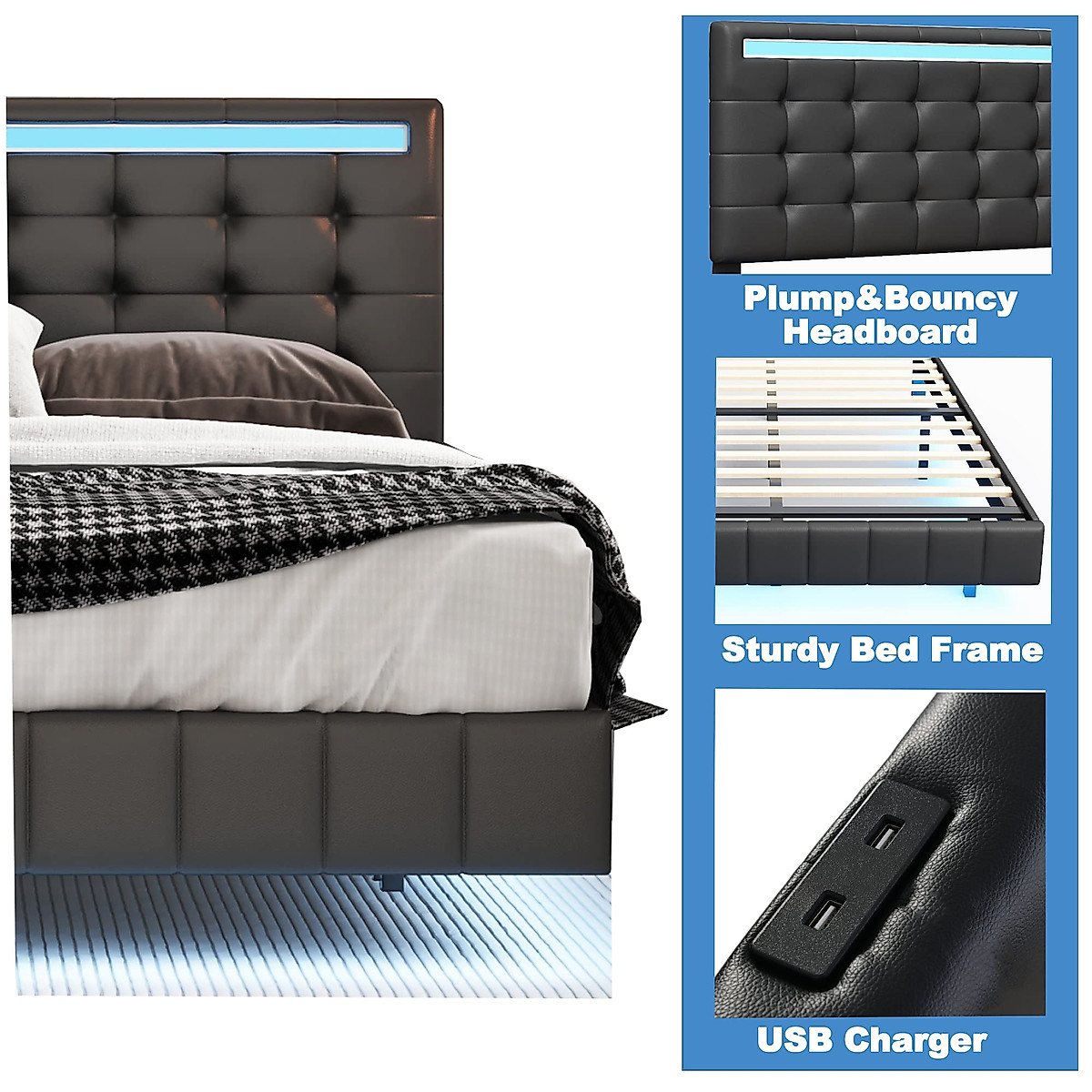 VilroCaz Queen Size Upholstered Platform Bed with LED Lights and USB Charging, Floating Bed Frame Mattress Foundation with Sturdy Slatted Support, No-Noise Design (Black-Float)