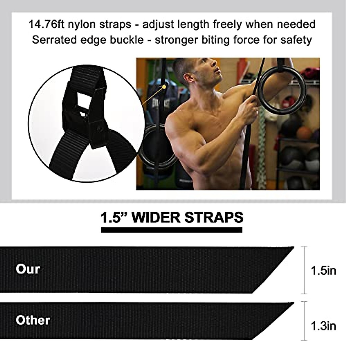 PACEARTH Gymnastic Rings 1100lbs Capacity with 14.76ft Adjustable Buckle Straps Pull Up Exercise Rings Non-Slip Rings for Home Gym Full Body Workout (Black)