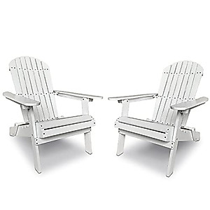 Adirondack Chair Weather Resistant Patio Chairs Folding Outdoor Chair w/Long Arms Solid Wooden Heavy Duty Reclining Fire Pit Chair for Deck, Lawn, Backyard, Garden Set of 2- White