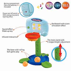 LotFancy Basketball Hoop for Kids Toddlers 9m-3y, Infant 2 in 1 Adjustable Sports Toy Set, Baby Interactive Learning Toy, with Light and Music, Indoor Basketball Game, Battery Include