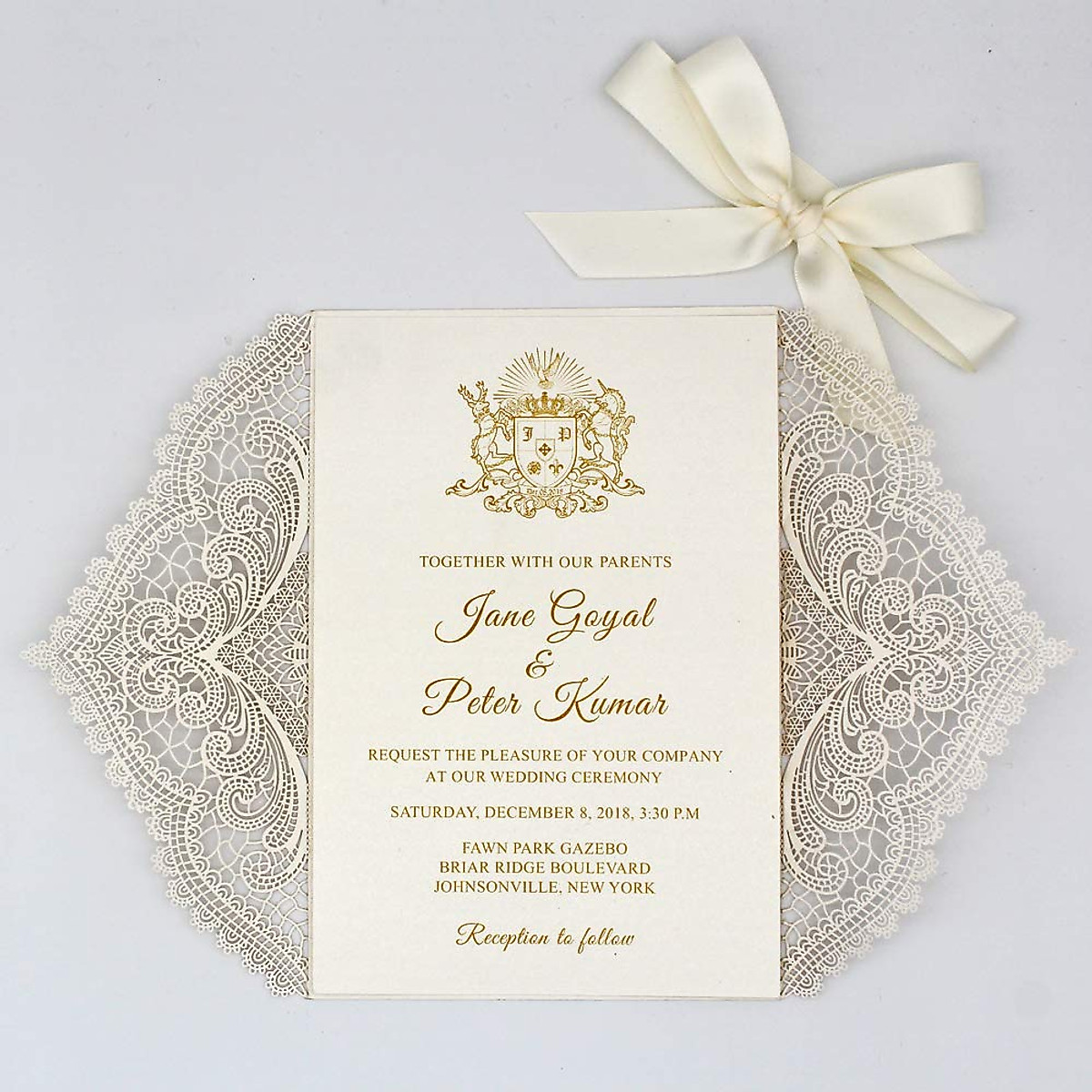 Picky Bride 25-Pack Ivory Laser Cut Lace Wedding Invitations Wraps with Shimmer Insert and Ribbon Bow, Elegant Invite Cards for Wedding/Bridal Shower/Birthday Party, 125 x 185mm (25 Invitations)