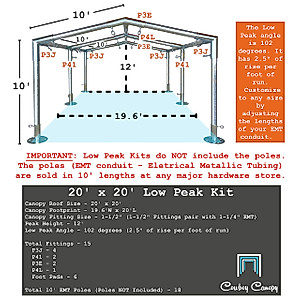 Carport Kit, 20' x 20' Low Peak Canopy Fittings, DIY Metal Carport Frame Parts, 1-1/2" EMT Fittings