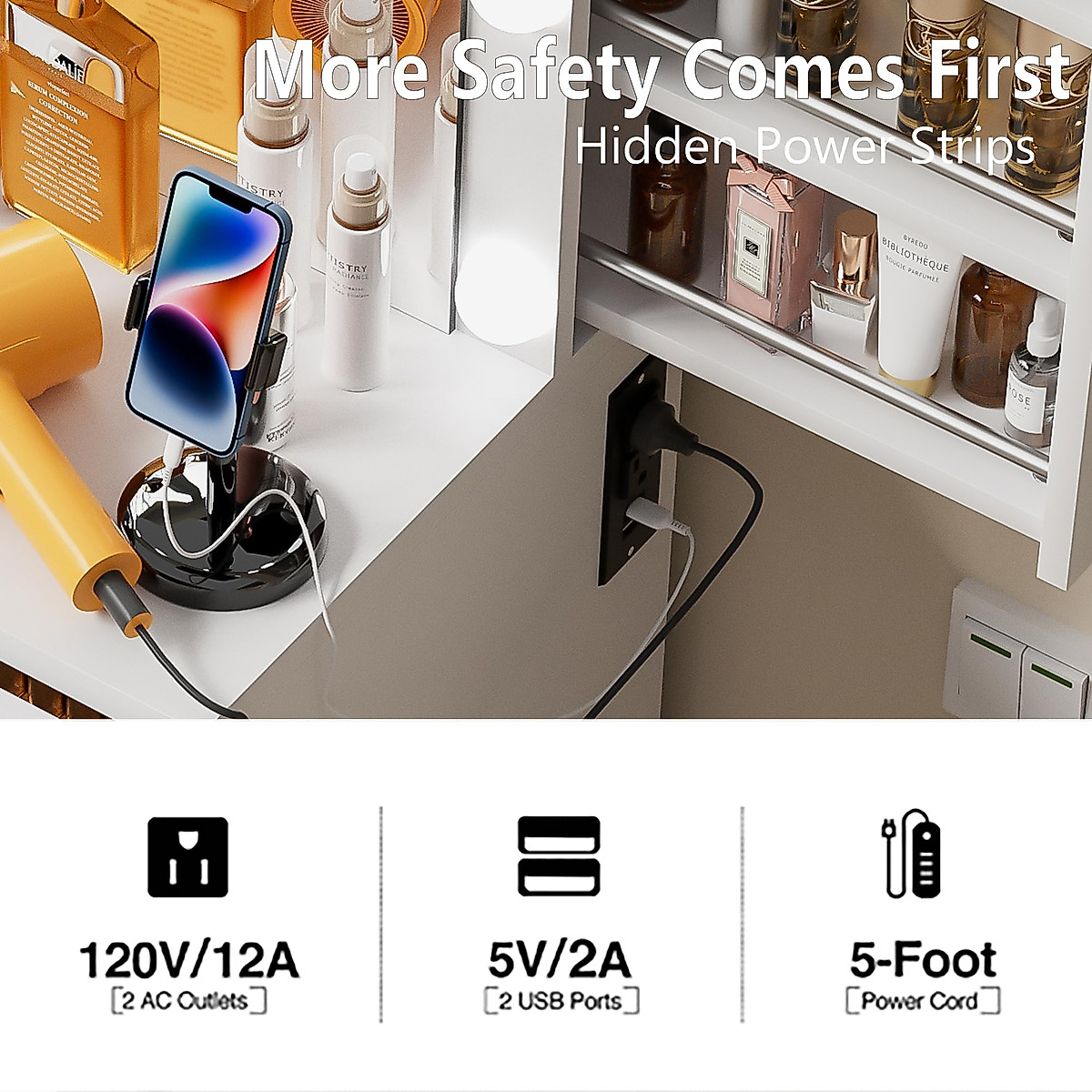 PAKASEPT Makeup Vanity Desk with Lighted Mirror and Charging Station, 39.4" White Vanity Table with 3 Lighting Colors, Hidden Sliding Shelves, 5 Drawers & Stool, Vanity Set for Bedroom