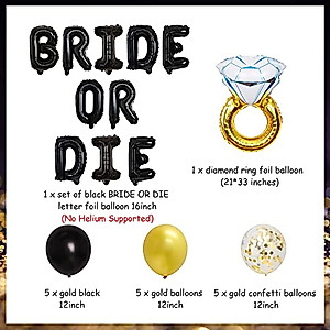 Bachelorette Party Decorations Black and Gold - Black Bride or Die Balloon Banner Diamond Ring Foil Balloon for Funny Bachelorette Hen Engagement Party Bridal Shower Supplies