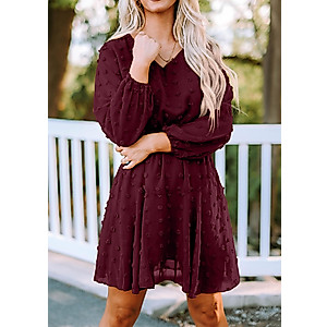 KIRUNDO Womens Spring Dresses 2024 Fashion Casual Long Lantern Sleeve V Neck Cute Swiss Dot Mini Wedding Guest Dress(Style2-Wine Red, X-Large)
