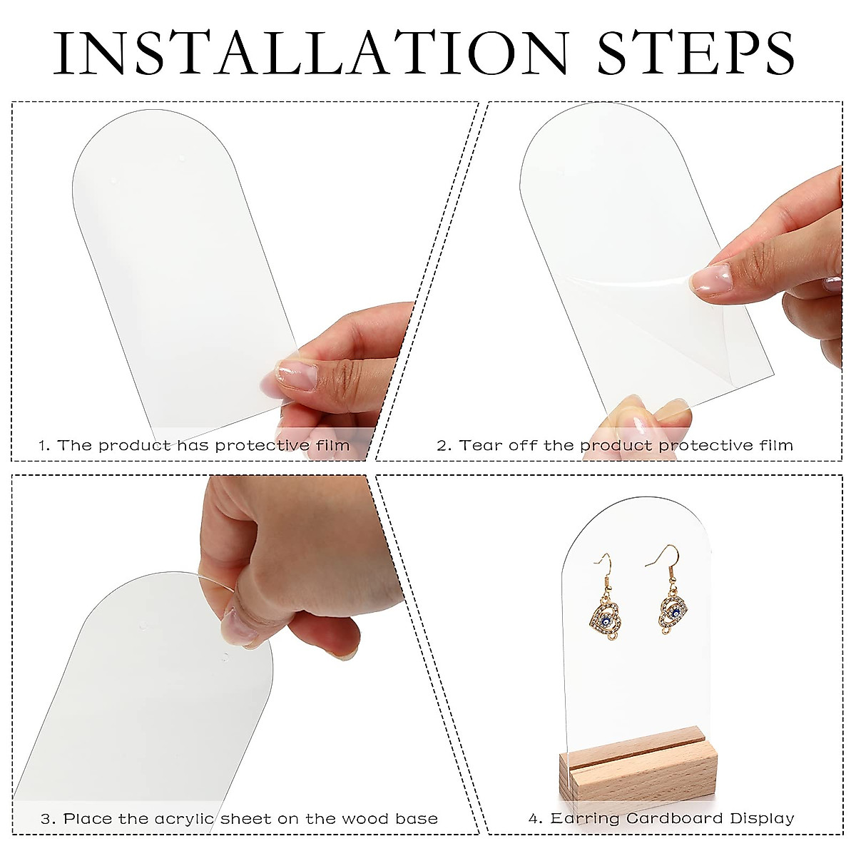 Yulejo Acrylic Earring Display Stand Jewelry Retail Holder Arch Acrylic Earring Holder Solid Hollow Acrylic Sign Stand Jewelry Displays with Wooden Bases for Studs Dangle Earrings (12)