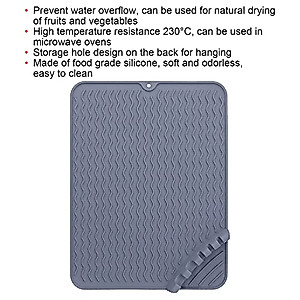 Silicone Dish Drying Mat, Fast Drying Dish Pad Mat High Temperature Resistance 230°C for Kitchen Counter Sink Refrigerator or Drawer liner Grey
