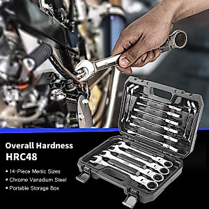 Prostormer 14-Piece Flex-Head Ratcheting Wrench Set, 6-19mm Metric Chrome Vanadium Steel Ratchet Wrenches, Combination Ended Spanner Kit with Storage Case