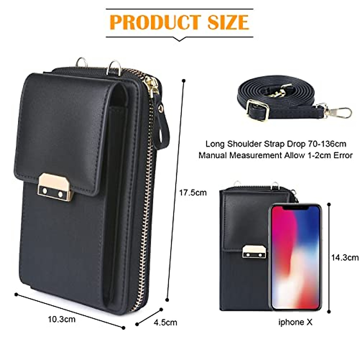 PU Leather Crossbody Bag for Women, Cell Phone Purse Wallet with Card Slots, Cell Phone Shoulder Bag with Shoulder Strap - Black