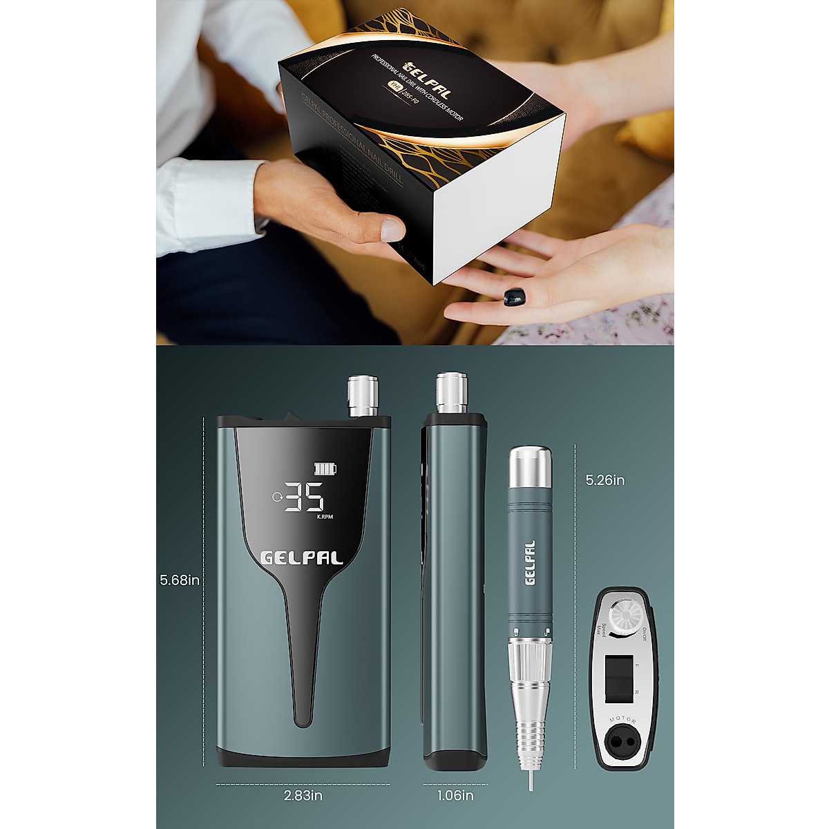 Gelpal Rechargeable Nail Drill - Brushless Motor - Electric Nail Drill for Acrylic Nails Professional,35000RPM Electric Nail File,Cordless Nail Drill for Home Salon, Low Noise, Low Heat, Blue Grey