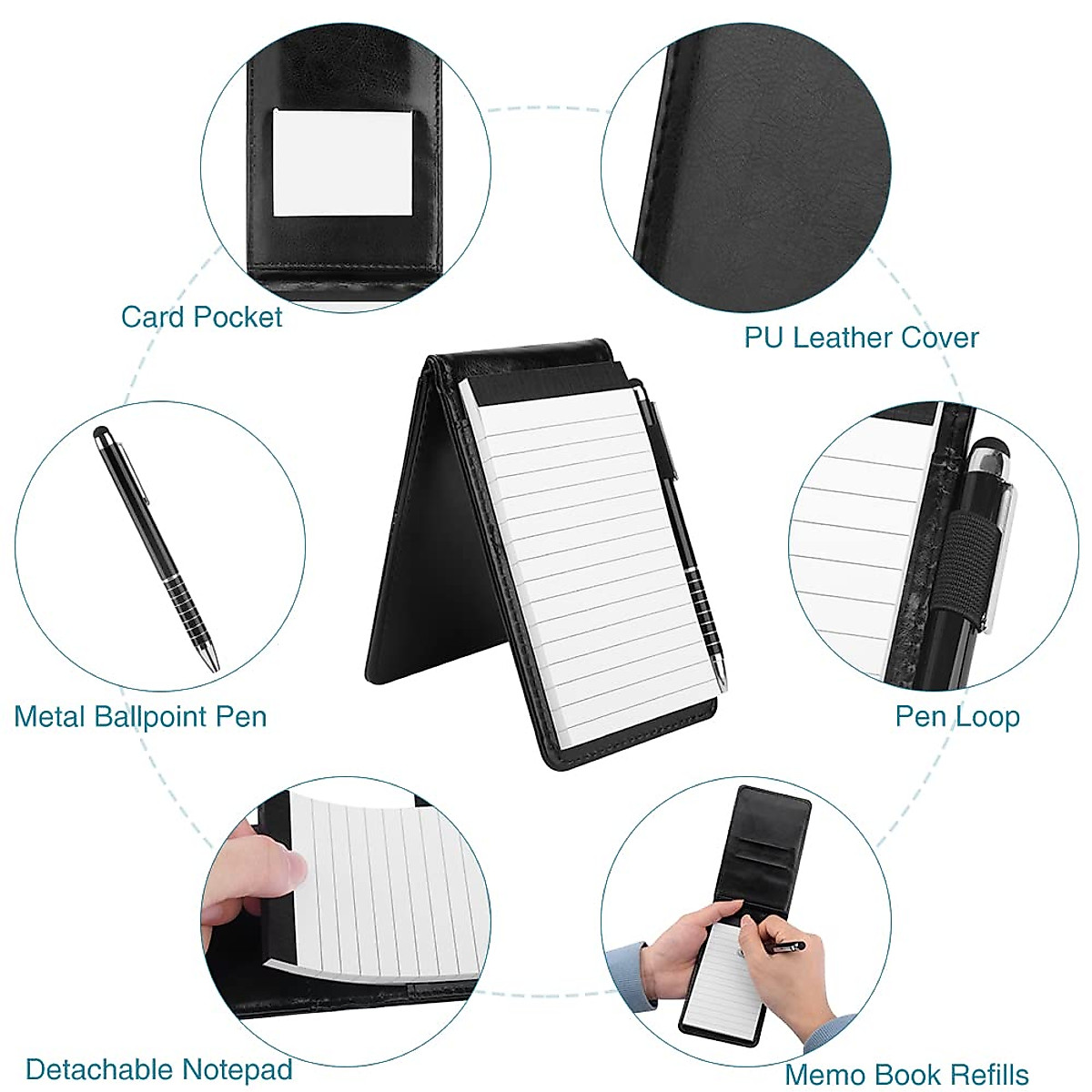 11pcs Pocket Notepad Set, Pocket Notepad Holder, Mini Memo Book Refill with 50 Lined Sheets, Metal Pen, Office & School Supplies(size:11pcs)