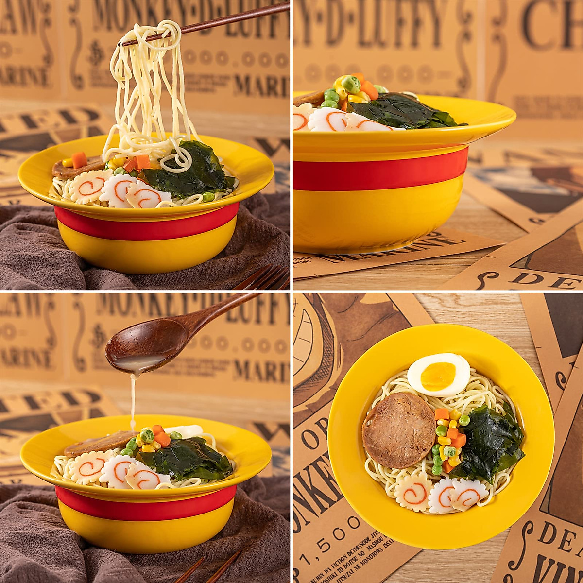 CHUNGE 5PCS ONEPIECE Japanese Ramen Ceramic Bowl Set Luffy Straw Hat Ramen Bowl With Chopsticks Anime Fans Gift（4Pcs）