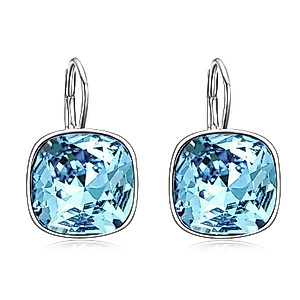 AOBOCO Sterling Silver Leverback Earrings with Simulated March Birthstone Crystals from Austria, Hypoallergenic Simulated Aquamarine Earrings, Fine Birthday Jewelry Gifts for Women Grandma Wife Mom
