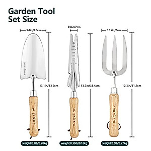 Berry&Bird 3Pack Gardening Hand Tool Set- Stainless Steel Garden Tool Kit Include Wooden Handle Trowel, Hand Fork & Weeder for Weeding Planting Transplant & Measuring, Ideal Garden Gift for Women&Men