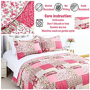 Cmfshape Summer Floral Queen Quilted Bedspread,Romantic Pink Quilt Set Full,Reversible Stitched Bedding Set All Season,Soft Lightweight Coverlet with Pillow Cases (Hot pink&Rose, Queen90 x90)