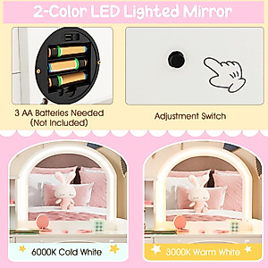 Costzon Kids Vanity with Lights, 2 in 1 Princess Makeup Desk & Chair Set with Lighted Mirror, Drawer, Storage Shelves & Cabinet, Toddler Dressing Table, Pretend Play Vanity Set for Little Girls, White