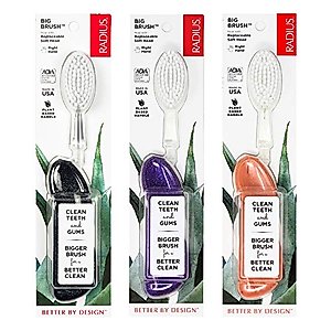 RADIUS Big Brush BPA Free & ADA Accepted Toothbrush Designed to Improve Gum Health & Reduce Gum Issues - Right Hand - Purple/Sea Shell/Midnight Sky - Pack of 3